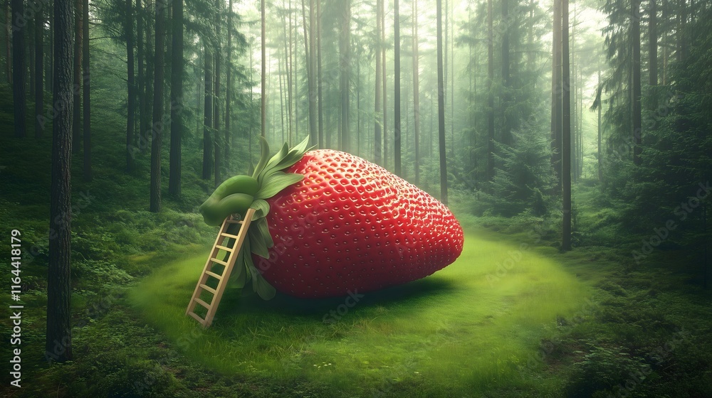 Oversized strawberry in a lush green forest, background is populated ...