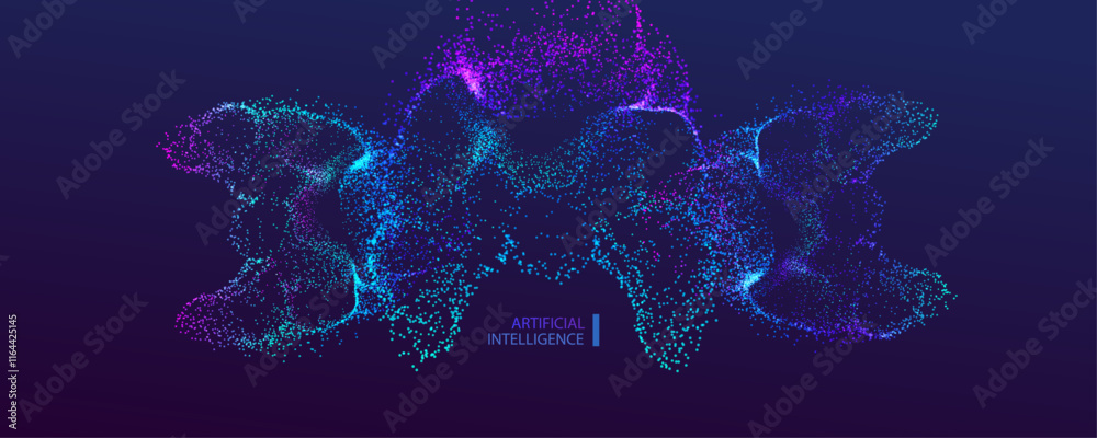 Ai particle dots banner background. Neon big data explode splash design. Modern light technology ...