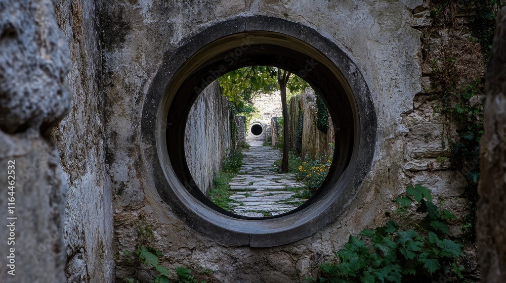 Circular architectural feature framing a serene pathway in an ancient ...