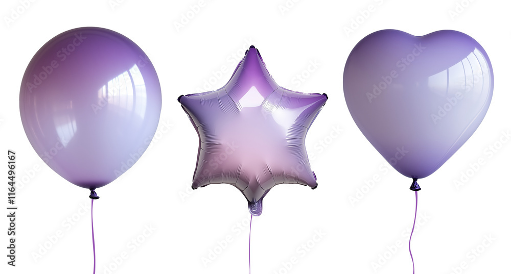 Three balloons of different shapes and sizes, one of which is a heart ...