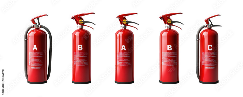 five red fire extinguishers lined up. each labeled with different ...