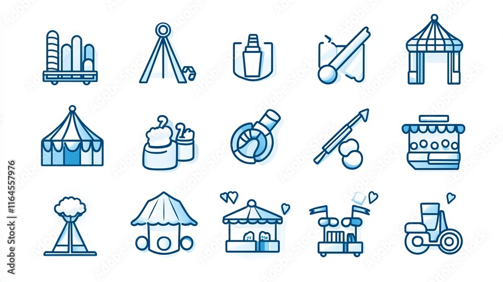 Amusement park icon set Includes a circus tent Ferris wheel carousel ...