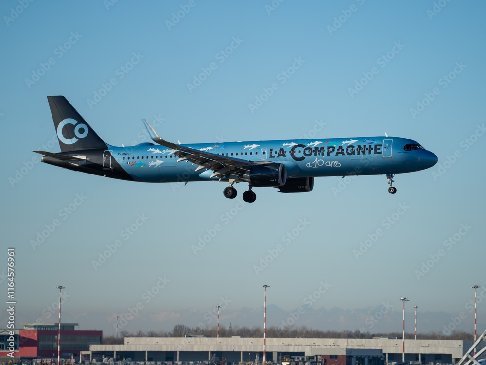 La Compagnie Airbus A321 neo is landing at MXP Milano Malpensa international airport. 10 years ...