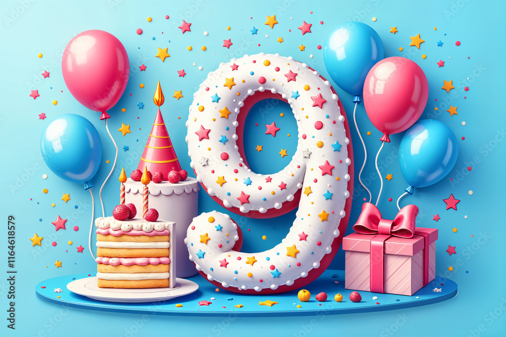 9th birthday card. Colorful and festive illustration featuring a large ...