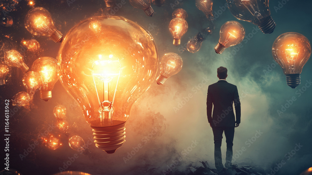 Innovation And Ideas Concept With Person Observing Floating Lightbulbs ...