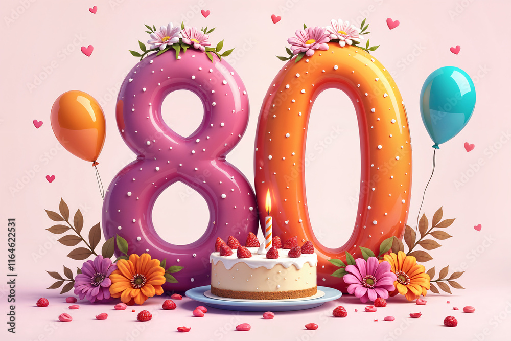 80th birthday card. Colorful and celebratory graphic design, featuring ...