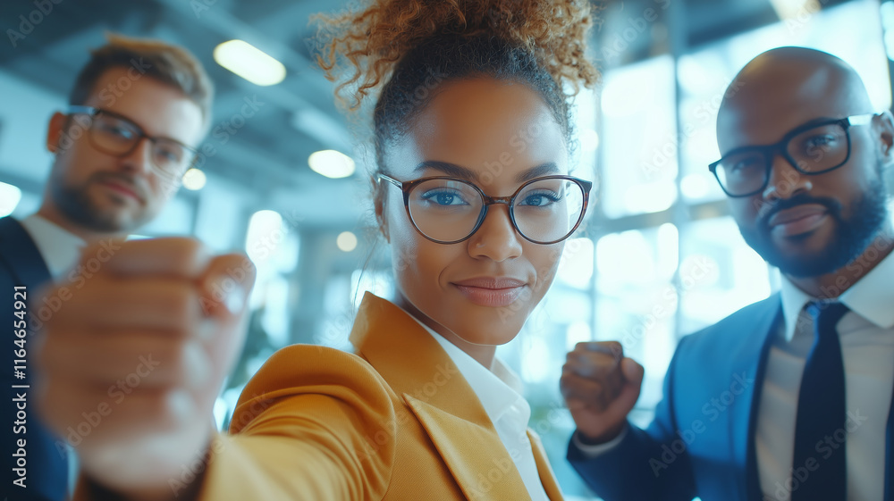 Team celebrates success with fist bumps in modern office environment ...
