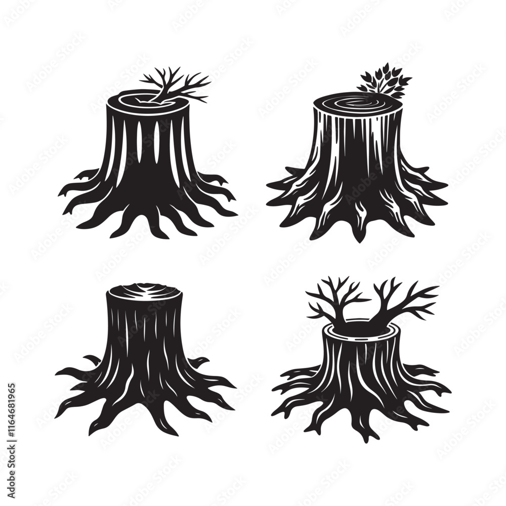 Set of Tree stump silhouette, black and white silhouette, vector and illustration Stock Vector ...