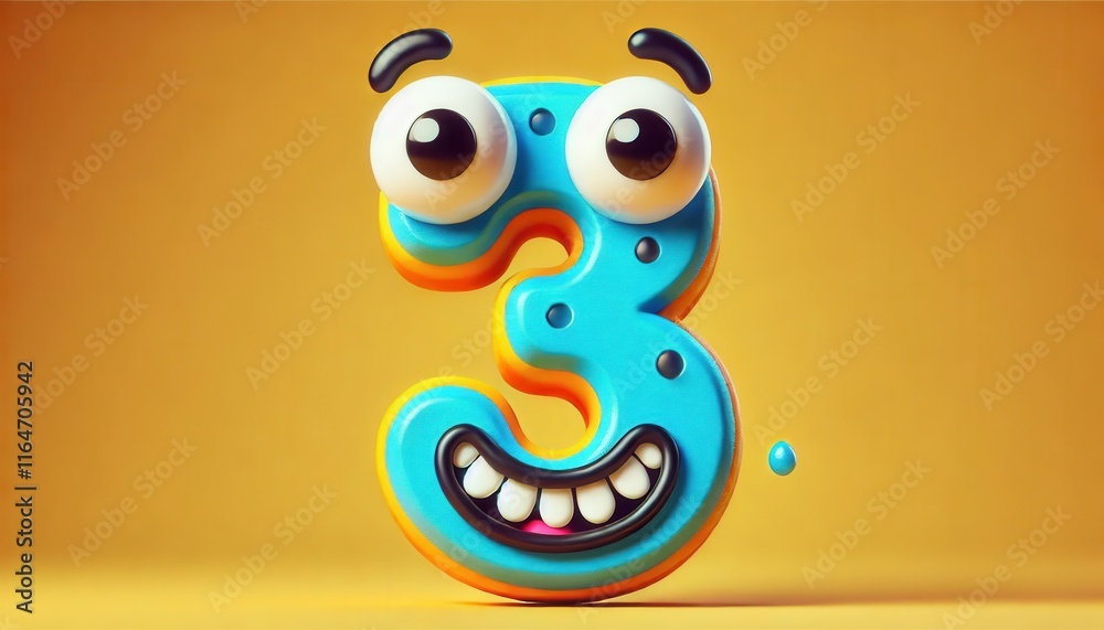 Playful Cartoon Number 3 with Quirky Expression and Water Droplets AI ...