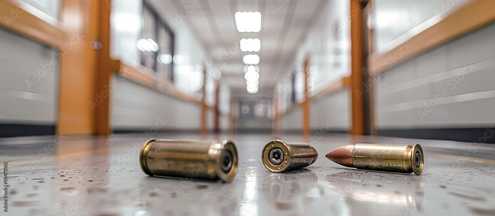 bullets on the floor of a deserted school corridor, active shooter ...