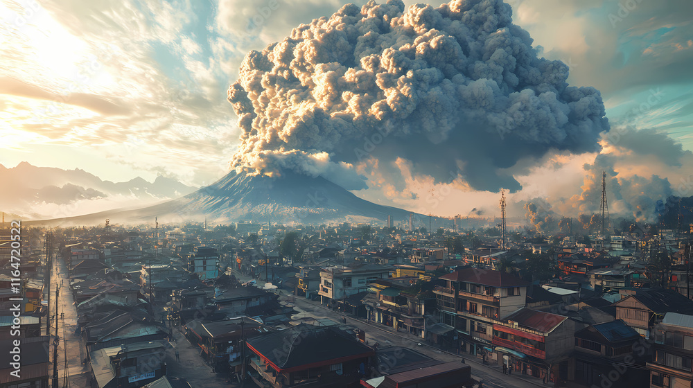 Volcano ash cloud covering a city, people evacuating and streets filled ...