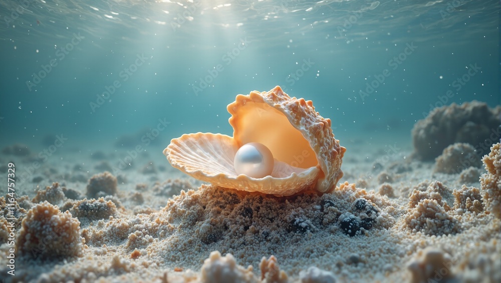 Glowing seashell cradling pearl on sandy ocean floor with coral pieces ...