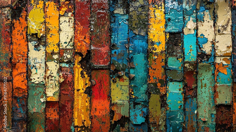 Peeling metal paint revealing layers of rust and vibrant colors in ...