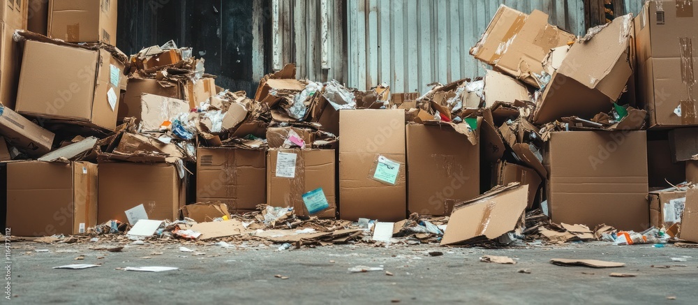 Crushed cardboard boxes with broken fragile stickers, strewn across a ...