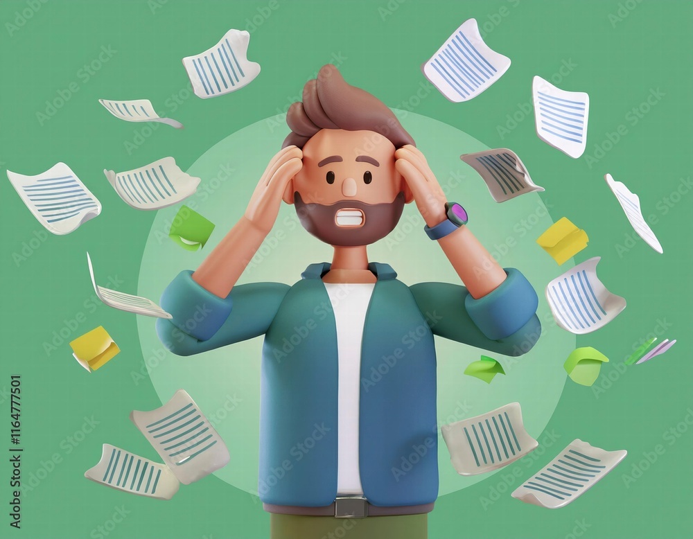 3D illustration stressed man overwhelmed by paperwork and sticky notes ...