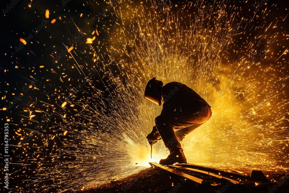 A silhouette of a welder working with sparks flying around in a dark ...