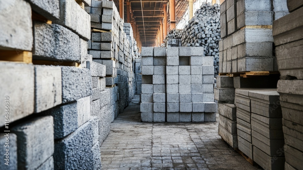 Warehouse filled with stacks of concrete blocks of various sizes ready ...