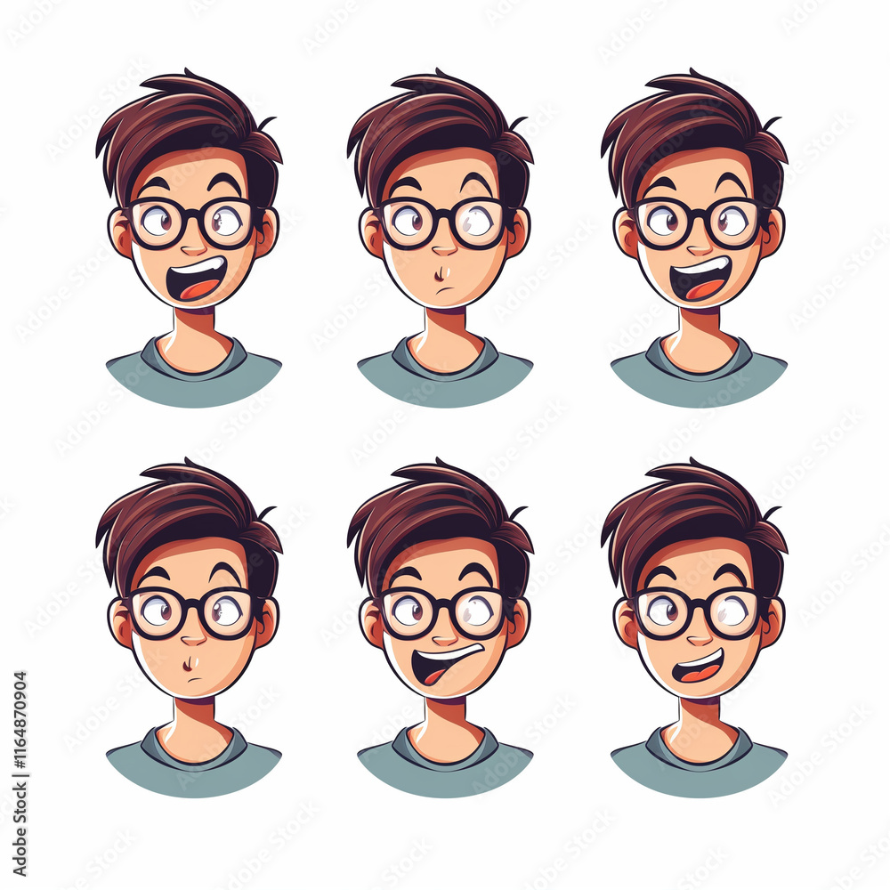 Cartoon Character with Glasses Expressing Different Emotions in ...