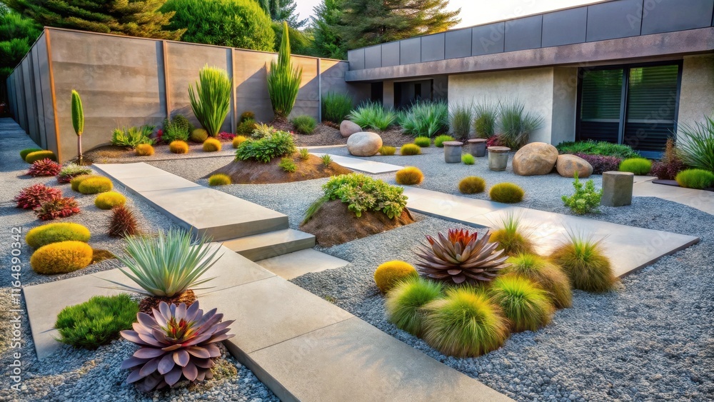 Modern minimalist xeriscape landscape design featuring drought-tolerant ...