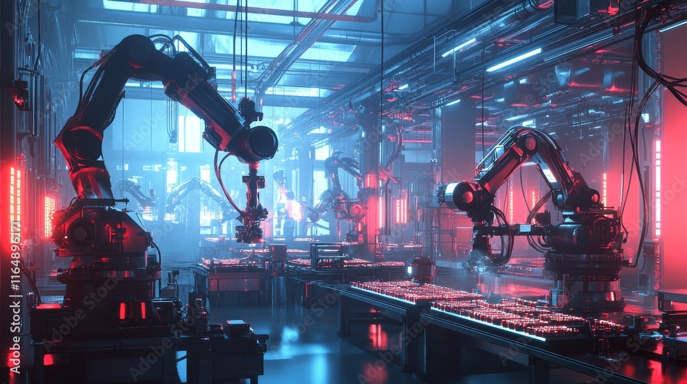 High-tech factory interior filled with autonomous robotic arms ...