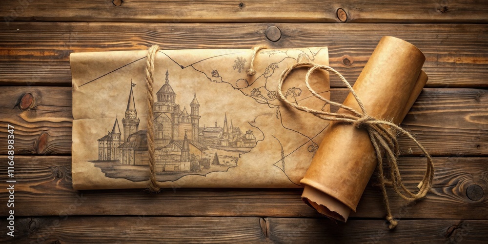 An ancient parchment map depicting a majestic castle and surrounding ...