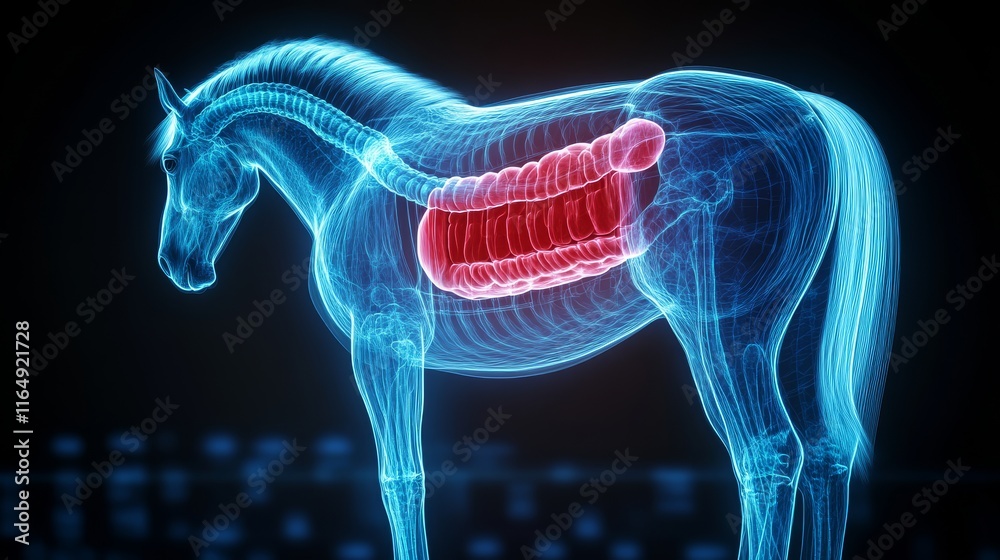 An x-ray visualization of a horse showcasing internal organs in a blue ...