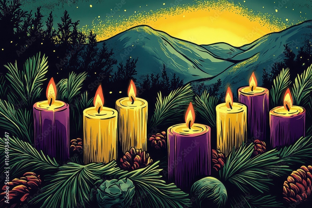 Lit Advent candles on evergreen wreath, mountainous backdrop. Perfect ...