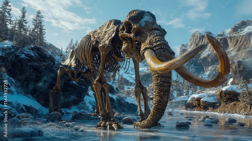 Mammoth skeleton in snowy landscape; impressive tusks and bones ...