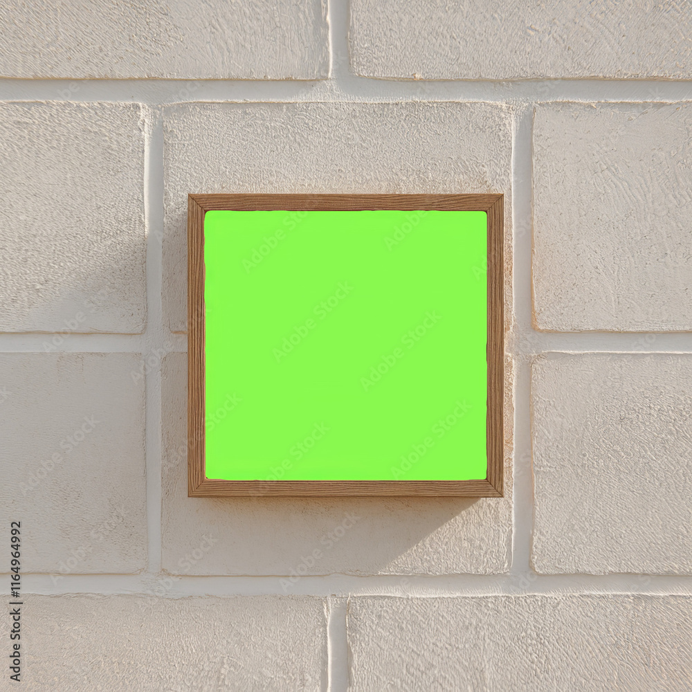 Empty green screen display frame on a white painted brick wall Stock ...