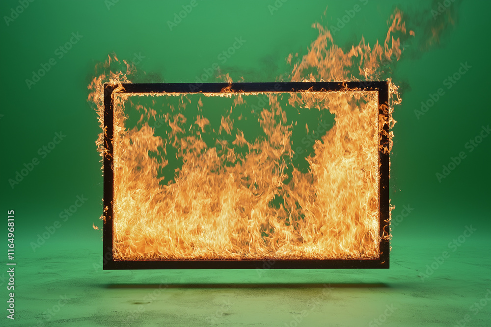 Realistic fire burning inside rectangular metal frame on chroma key ...