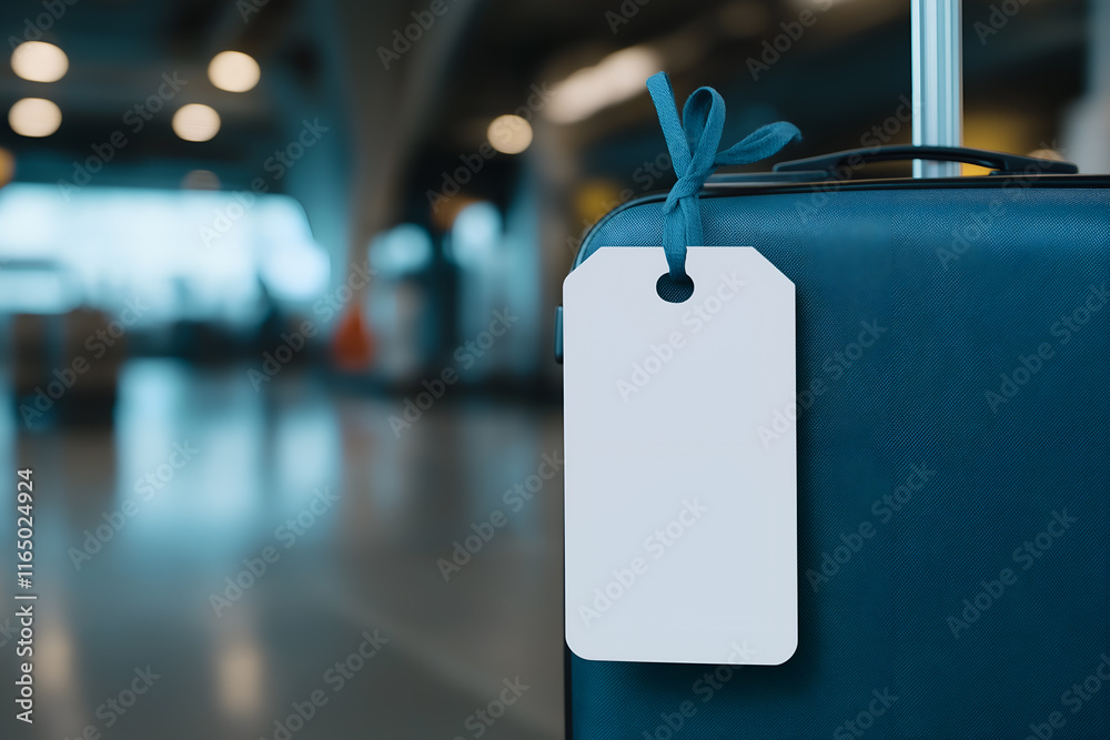 Blank luggage tag mock up tied to a stylish suitcase at an airport ...