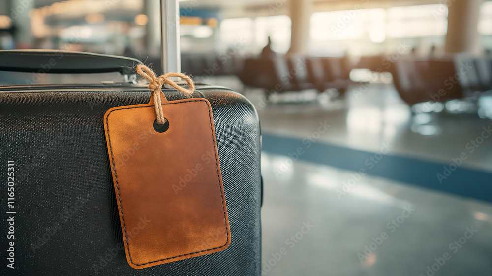 Blank luggage tag mock up tied to a stylish suitcase at an airport ...