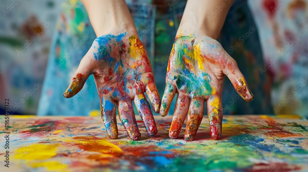 Expressing yourself through art, hands splattered with paint crafting a ...