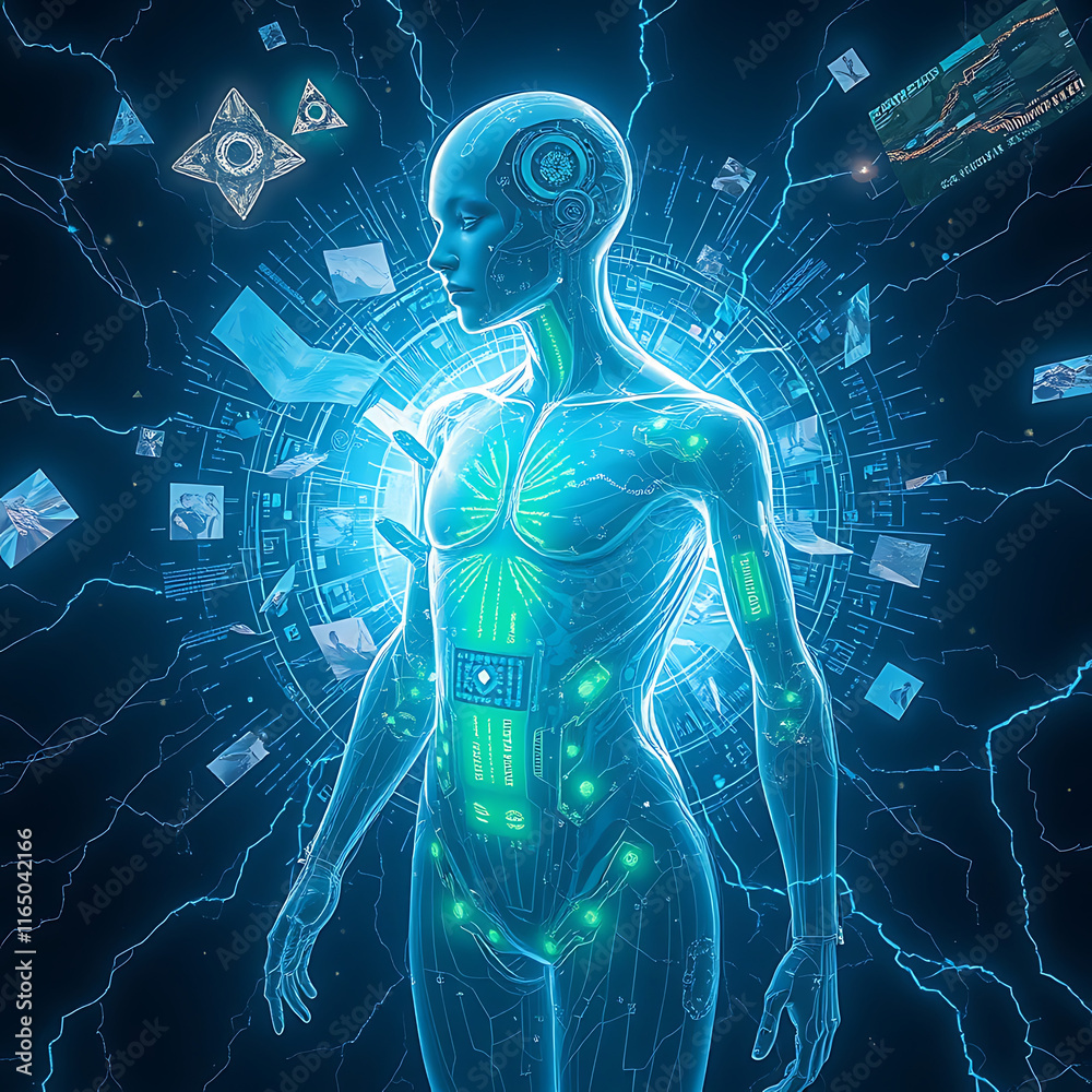 A futuristic concept of "AI Hallucination," featuring a digital ...