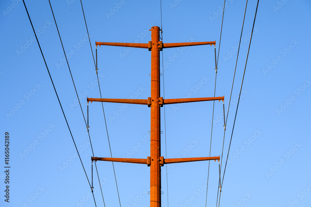 Closeup of upgraded to 230 kV overhead power line distribution system ...