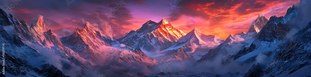 Panoramic view of the Everest massif glowing under the first light of ...