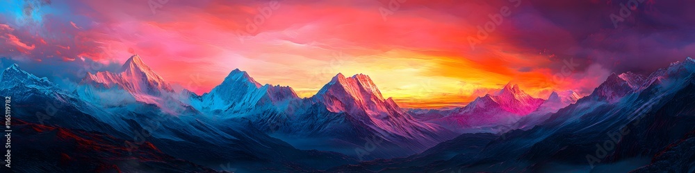 Panoramic view of the Everest massif glowing under the first light of ...
