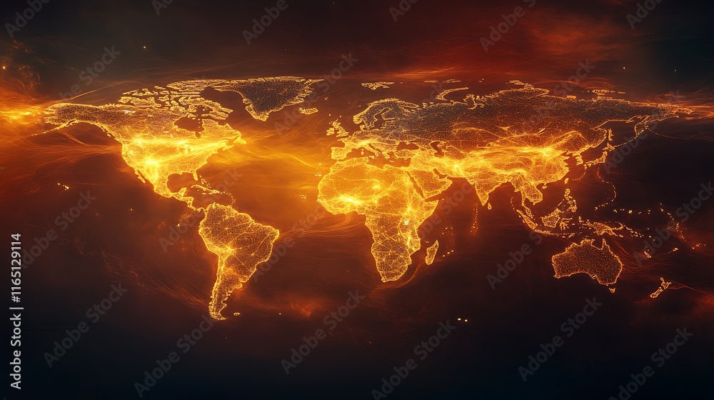 A dynamic world map visualizing data density through radiant heat map ...