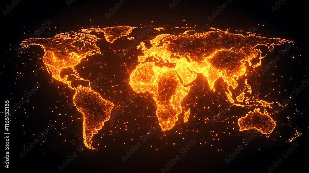 A futuristic energy map with electric light arcs linking continents ...