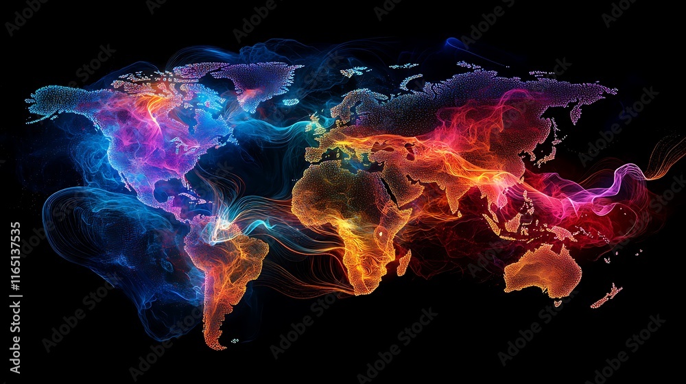 A glowing 3D world map with vibrant neon data streams spiraling and ...