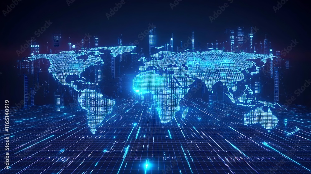 A glowing world map built from binary numbers, with radiant streams of ...