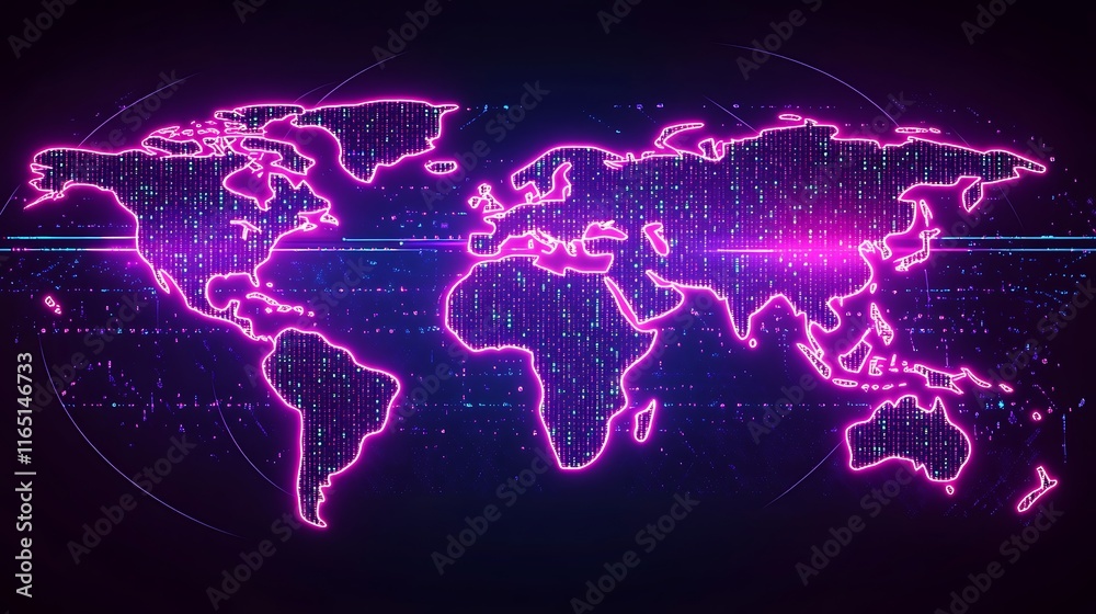 A stylized binary world map design with continents formed from ...