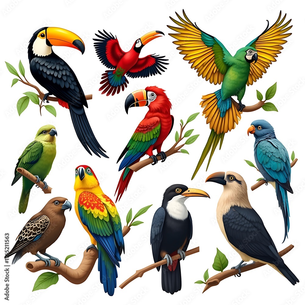 Set of 4 jungle birds toucan, parrot, hornbill, macaw, cuckoo, harpy ...
