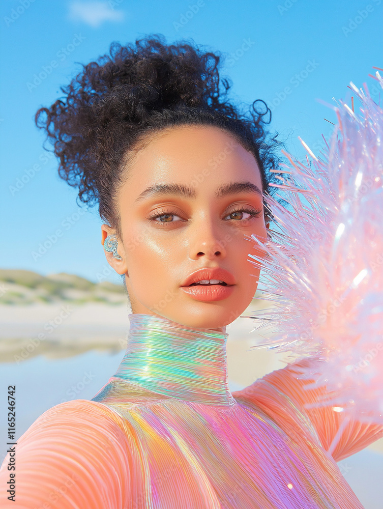 A radiant singer styled in iridescent hues holding a shimmering ...