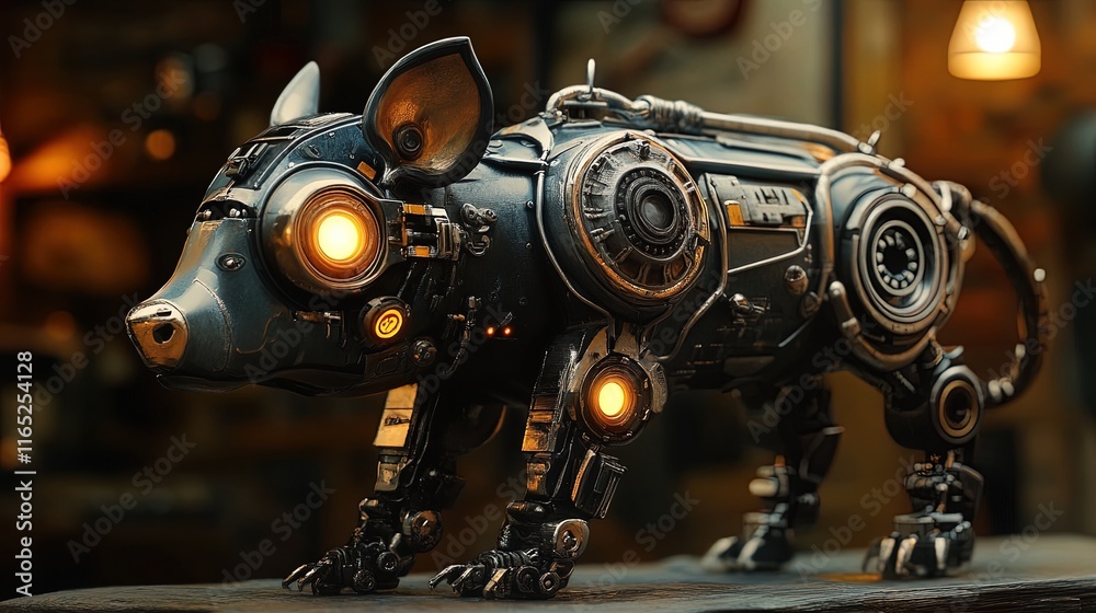 Mechanical animal with robotic parts and glowing eyes, surreal and ...