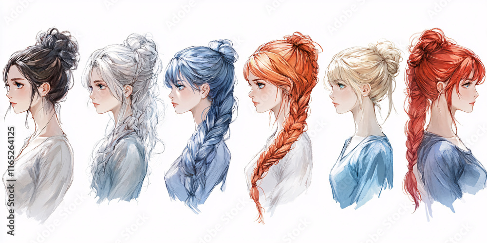 Six anime girls with different hair colors and hairstyles, shown in ...