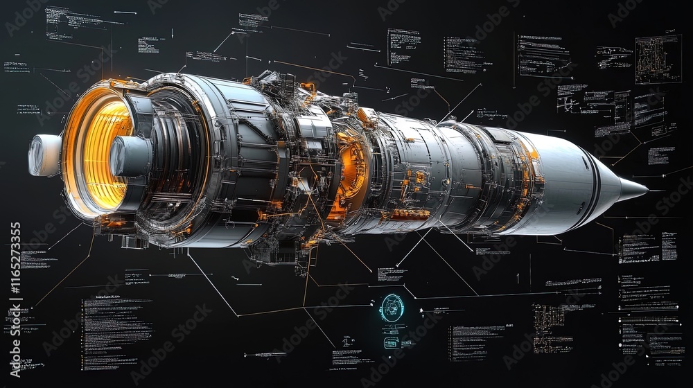 Detailed schematic of a rocket engine, technical parts highlighted and ...