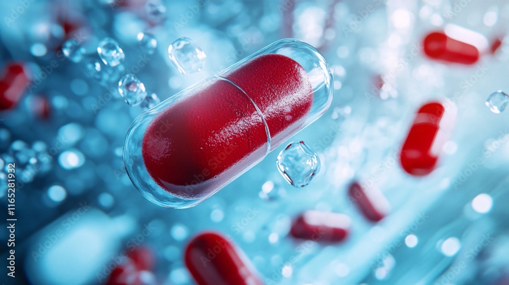 Red pills dissolving in water with air bubbles creating a modern ...