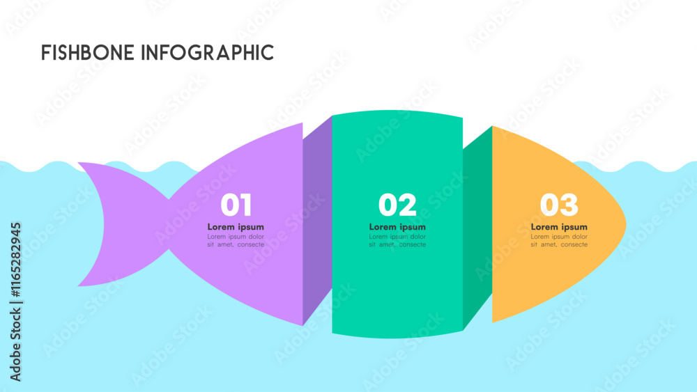 Colorful Fishbone Infographic with Three-Step Design on Wavy Background ...