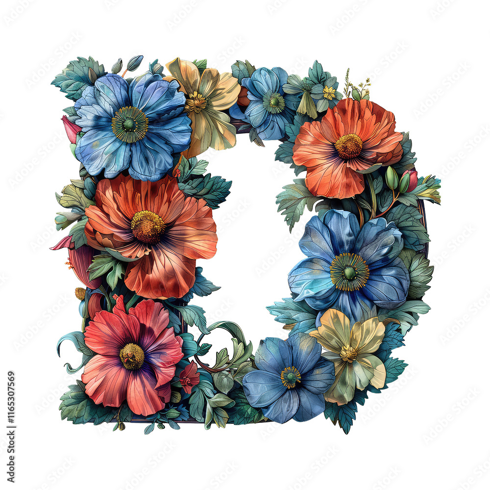 Capital letter D of English alphabet with flowers and leaves isolated ...